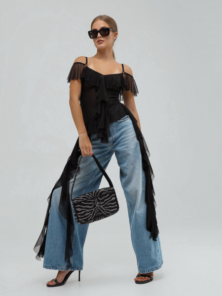 Блузка Женский BLABLABRA черный Сетка Ленты декоративные, В сеточку ...