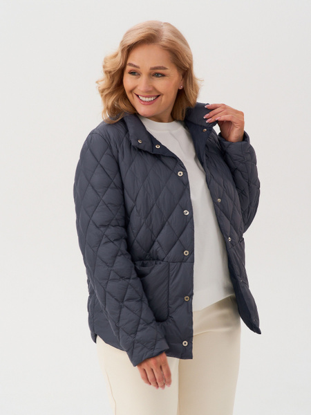 Куртка Женский Elfina Карманы фиалковый стойка Полиэстер, размер 52 Длинный Демисезон прямой ...