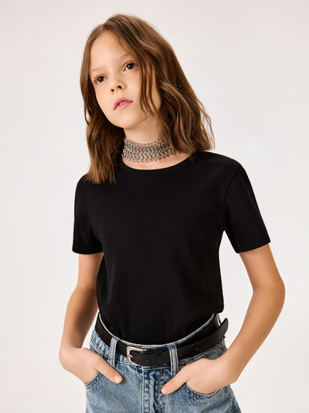 Футболка Девочки Acoola черный каменный Короткий, размер 140 Трикотаж, Хлопок Однотонный ...