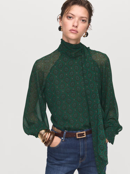 Блузка Женский MANGO серо-зеленый Полиэстер, размер 44, 46 Марокко Повседневный купить c ...