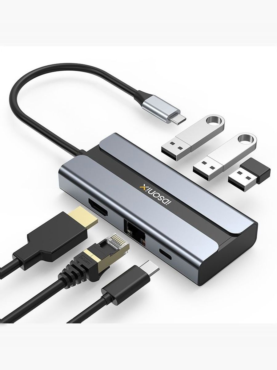 USB HUB iDsonix DA-6HR хаб Type-C с HDMI, USB 3.0, RJ45 и PD 100 Вт ...