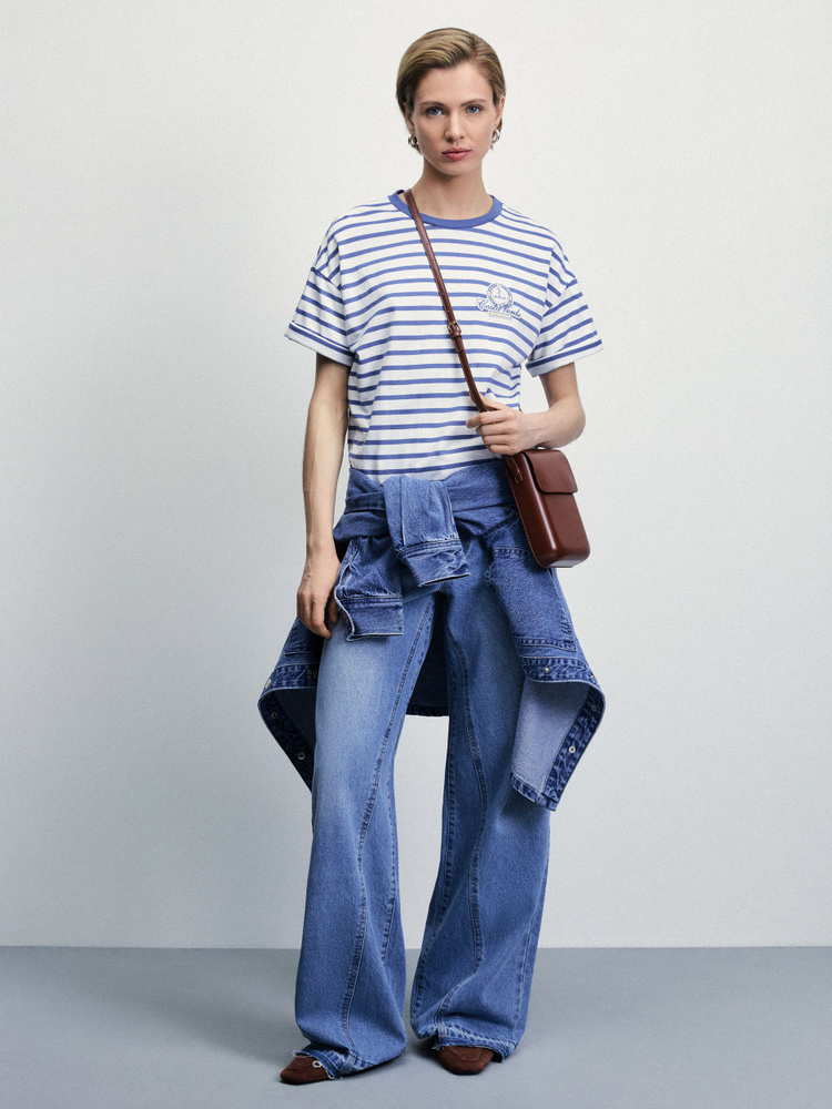 Футболка Женский Zarina синий Короткий, размер 46 Хлопок, Полиэстер Полоска Повседневный Китай ...