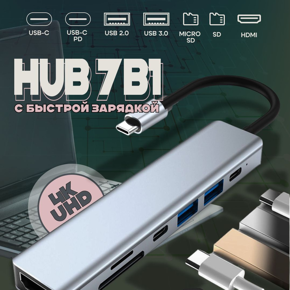 Type-C HUB для MacBook; TYPE C разветвитель 7в1; Универсальный ХАБ; HDMI, USB 3.0 купить на OZON ...