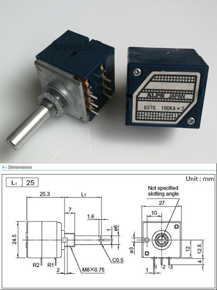 1x ALPS RK27 100KAX2 Круглая рукоятка стереозвуковой аттенюатор Двойной ...