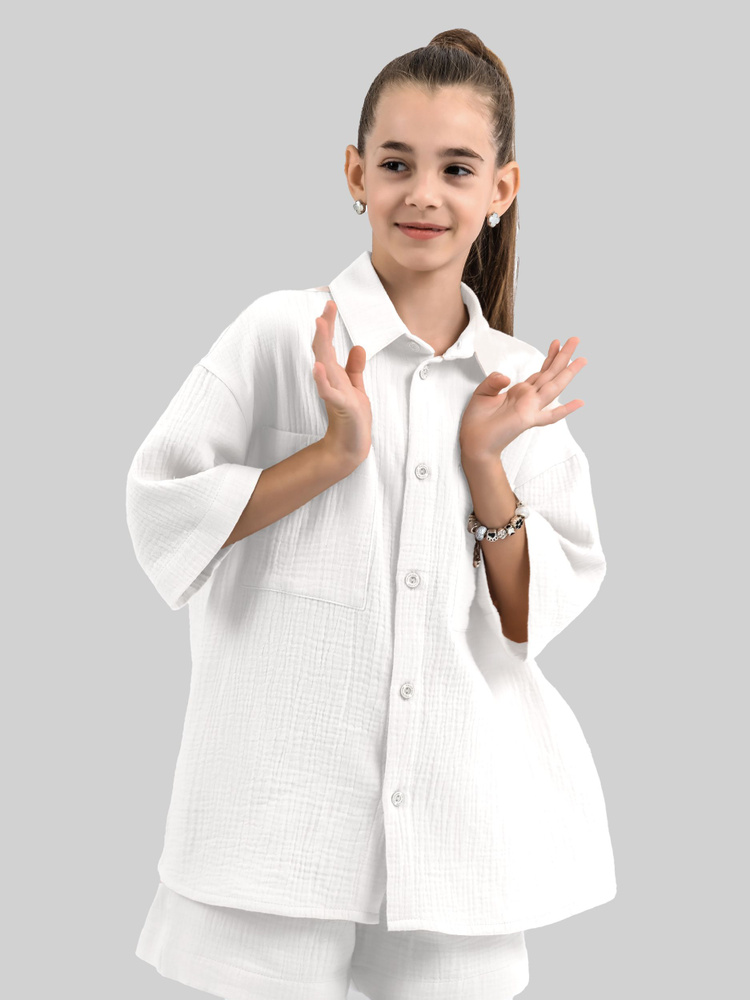 Рубашка Девочки, Мальчики Valini белый Короткий Муслин, Хлопок Декоративные пуговицы Однотонный ...