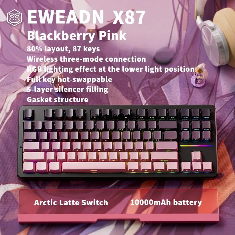 EWEADN Игровая клавиатура X87 Pro, (Arctic Latte Switch), Английская раскладка, коралловый ...