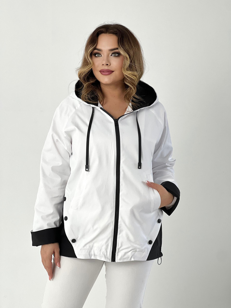 Ветровка Женский Jyldyz Кнопки белый капюшон Плащевка, размер 62 Длинный Демисезон оверсайз ...