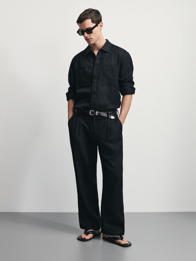 Брюки Мужской Zarina прямые черный большие размеры Лён Повседневный, размер 52 Молния прямой ...