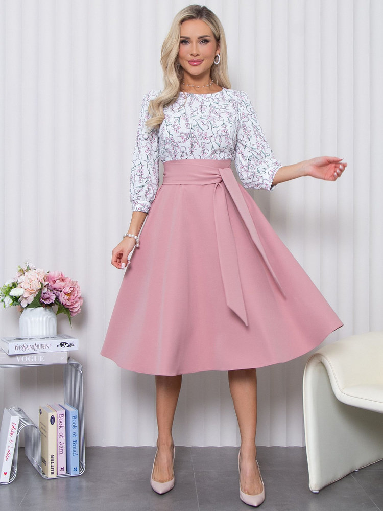 Платье Женский BELLMELODY розовая пудра, белый Вечерний/праздничный Три четверти Текстиль Пояс ...