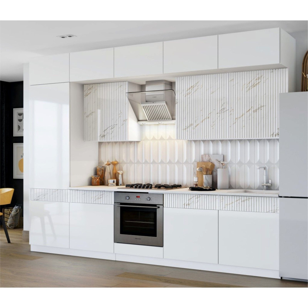 Кухонный гарнитур, Престиж в потолок 3 м, белый мрамор золотистый МДФ ...