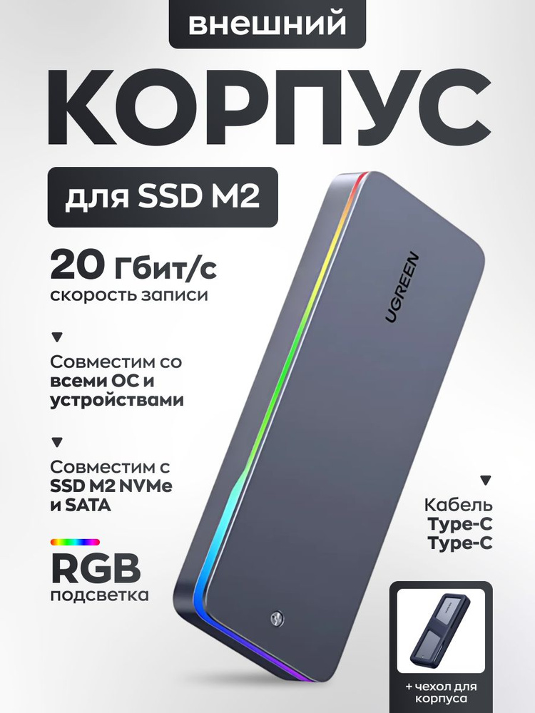 Внешний корпус для SSD M2 дисков UGREEN CM777, 20 Гбит/сек, RGB ...