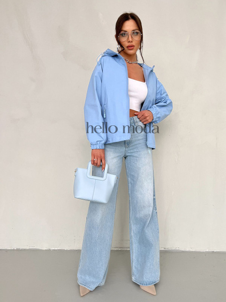 Ветровка Женский HELLO MODA! Карманы голубой Полиэстер, Хлопок, размер 50, 52 Длинный Демисезон ...