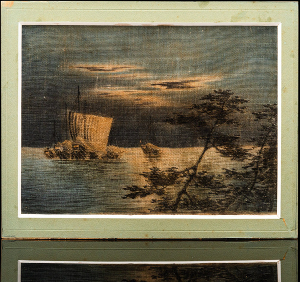 Пейзаж с изображением парусника, оформленный в паспарту, ткань, живопись, картон, Азия, 1900 ...