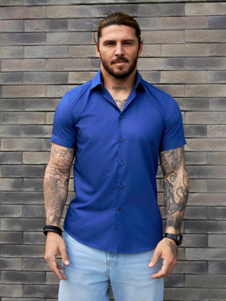 Рубашка Мужской Brostem синий Короткий Хлопок, Модал Воротник Однотонный, размер 54 приталенный ...