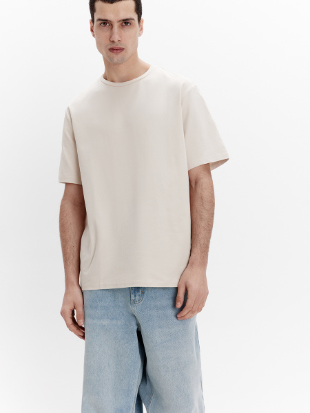 Футболка Мужской Befree бежевый Короткий, размер 44 Хлопок Однотонный прямой Повседневный ...