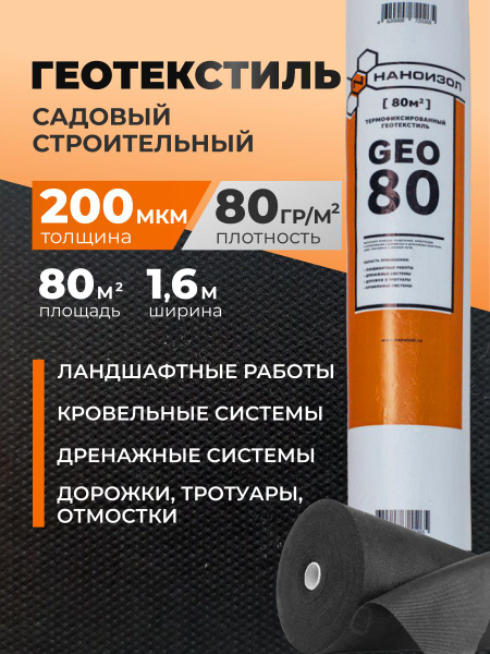 Геотекстиль садовый, строительный 200 микрон НАНОИЗОЛ GEO 80 гр/м2 80 м2, для садовых дорожек ...