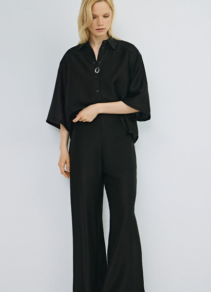 Блузка Женский O'STIN черный Текстиль Средний Однотонный, размер 46 полуприлегающий Пуговицы ...