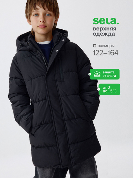 Куртка Мальчики SELA черный Плащевка, размер 140 Демисезон прямой Синтепух Китай купить c ...