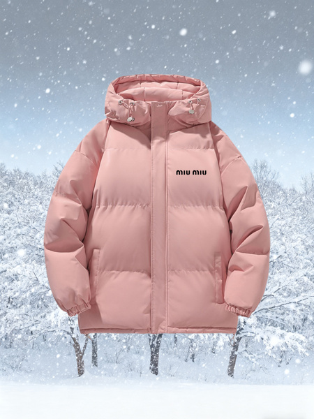 Пуховик Мужской Женский Miu Miu Карманы розовый лацканы Искусственный пух размер 52 Длинный