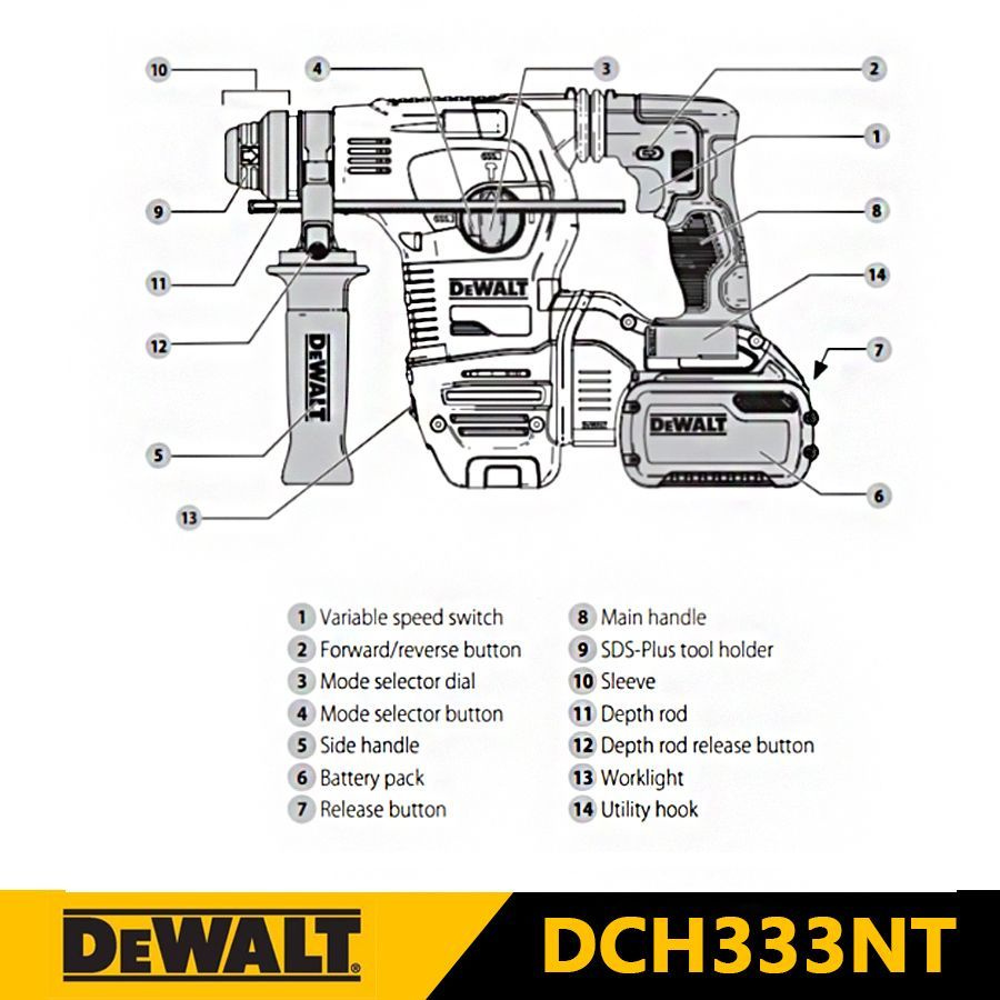 DEWALT DCH333NT Аккумуляторный бесщеточный перфоратор, SDS-plus, 54 В ...
