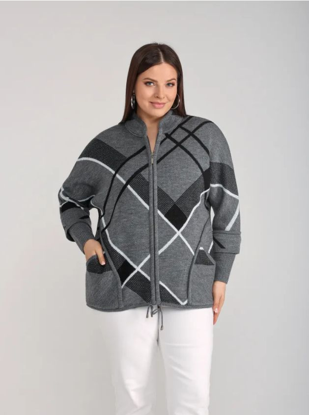 Пиджак Женский BONADI серый, размер 60 Трикотаж Карманы оверсайз Длинный Повседневный Молния ...