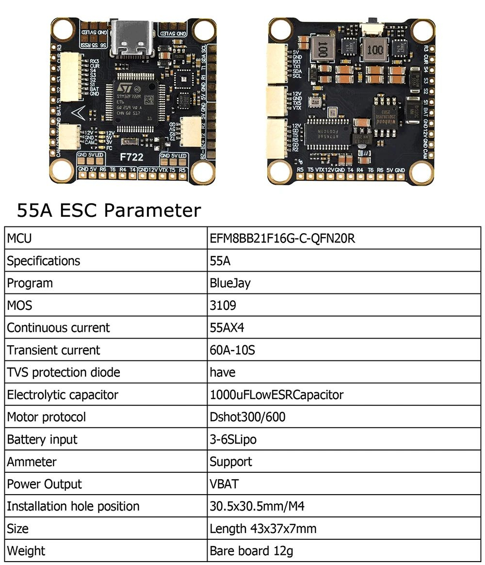 9IMOD F722 Flight Stack - Полетный контроллер с ESC 55A/60A (3-6S LiPo ...