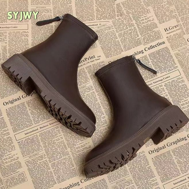 Сапоги Женский SYJYW полусапоги, размер 36 коричневый мрамор На любой сезон Толстый каблук ...