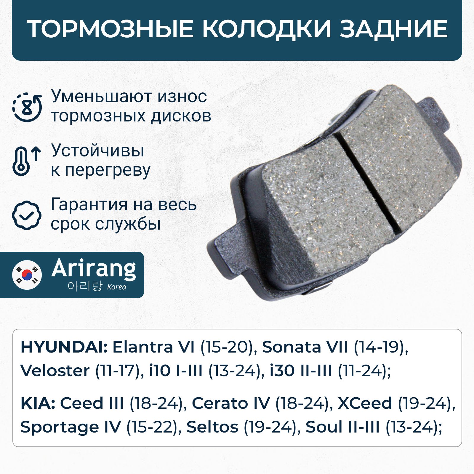 Колодки тормозные задние дисковые для Hyundai Elantra 6, Sonata 7, Kia ...