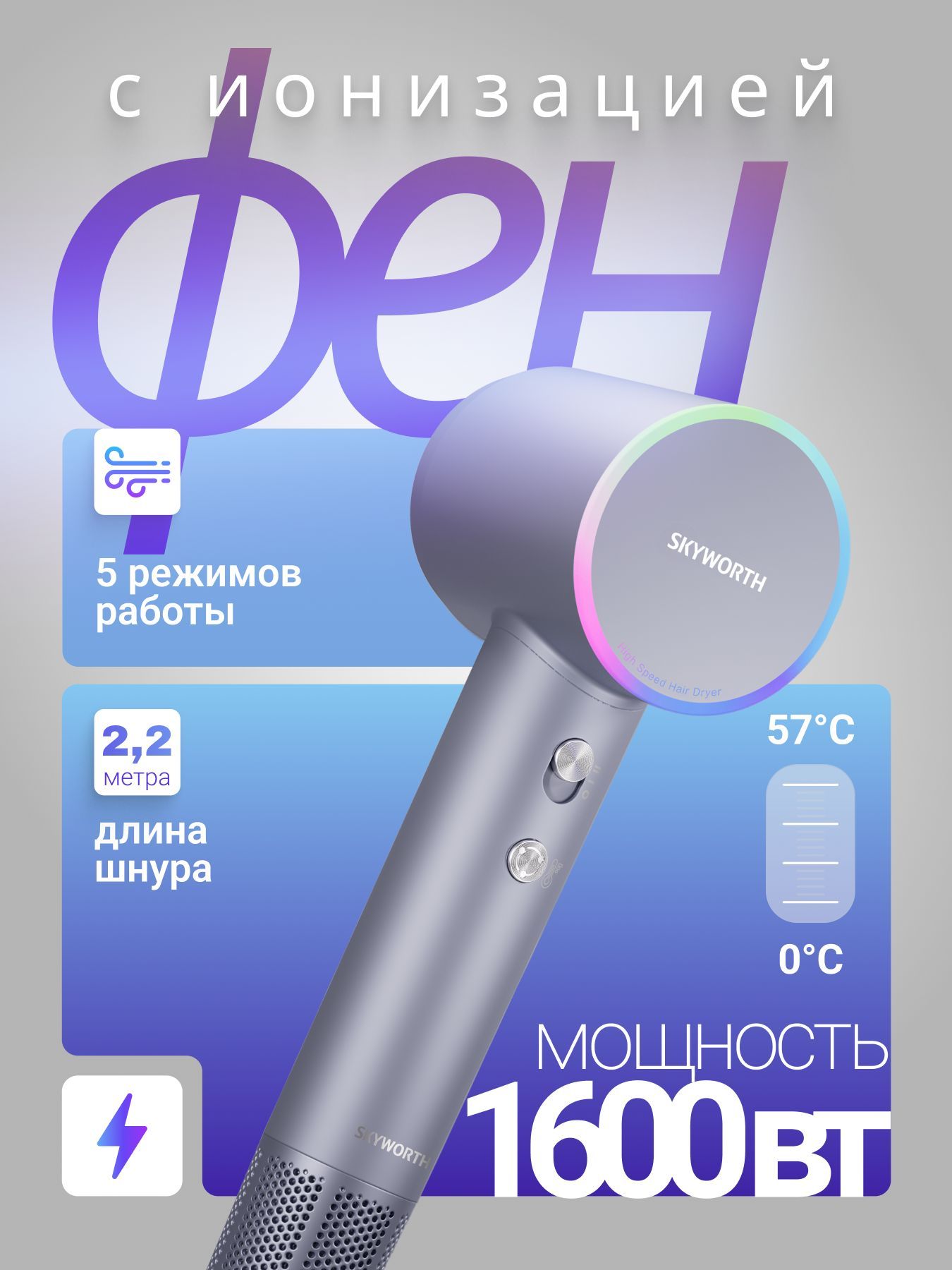 Фен для волос Skyworth MH18, 5 режимов работы, 3 магнитные насадки ...