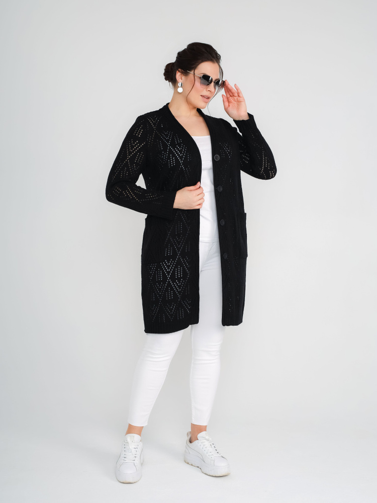 Кардиган Женский BONADI черный Хлопок, Акрил, размер 50 Пуговицы полуприлегающий Длинный ...