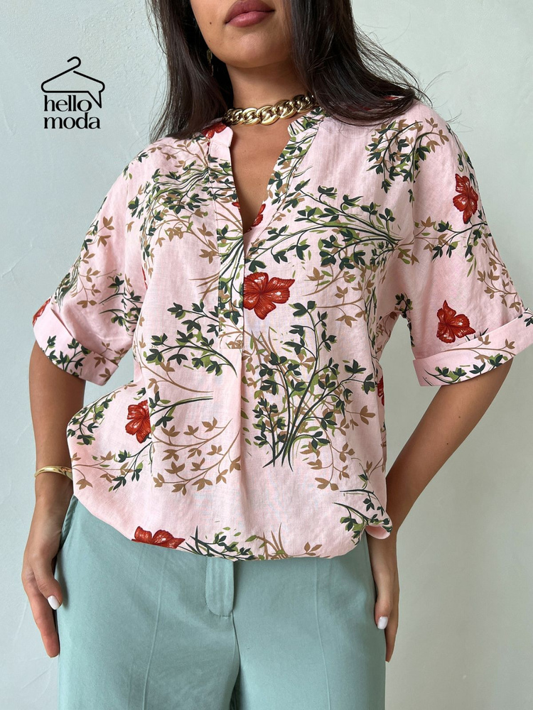 Блузка Женский HELLO MODA! розовый, кирпичный Хлопок Короткий Цветочный, размер 52, 54 А-силуэт ...