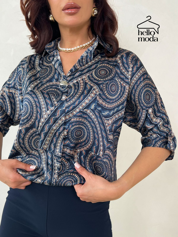 Блузка Женский HELLO MODA! индиго, бежевый Полиэстер Три четверти Абстракция, размер 46 Шнурок ...