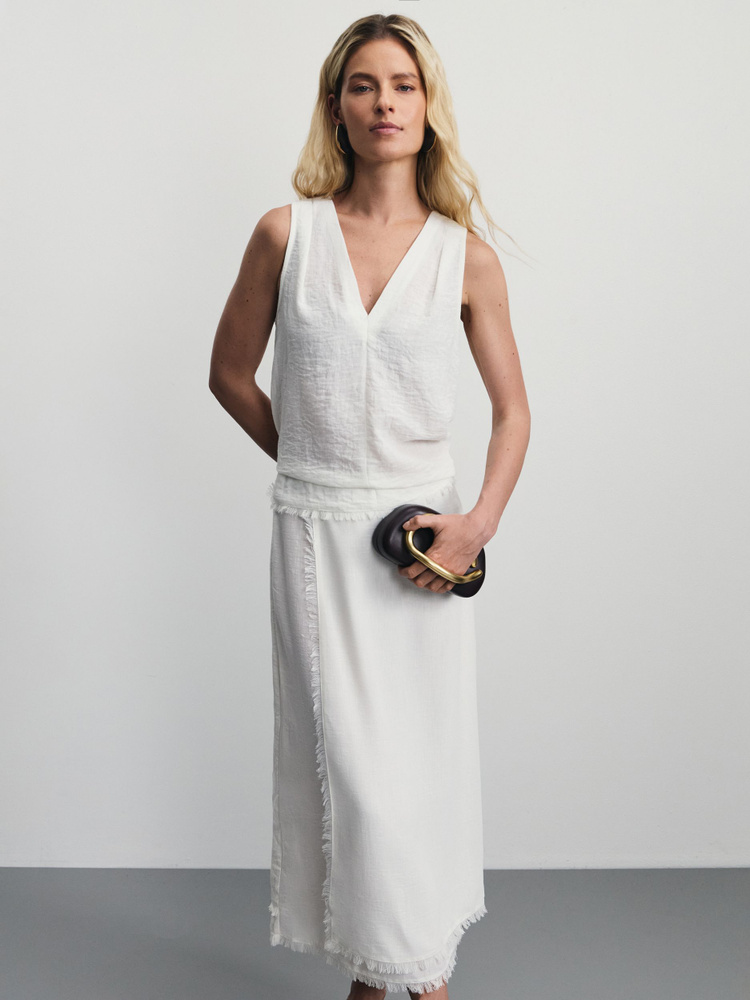 Юбка Женский Zarina ванильный Полиэстер прямая, размер 48 Молния Миди Бахрома Однотонный ...