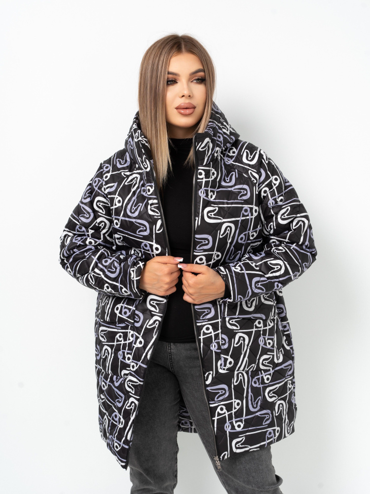 Куртка Женский Jyldyz Карманы черный, белый капюшон Плащевка, размер 58 Длинный Демисезон ...