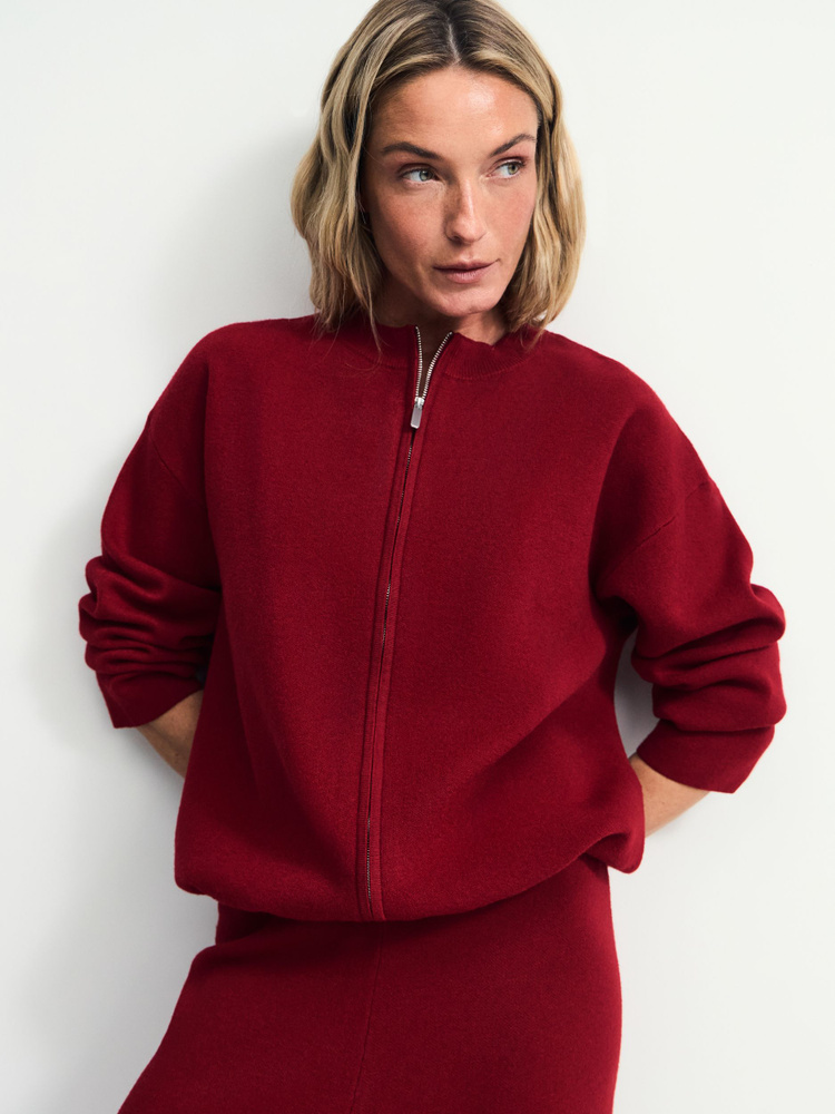 Джемпер Женский Zarina красный Акрил, Полиамид, размер 52 Молния оверсайз Длинный Однотонный ...