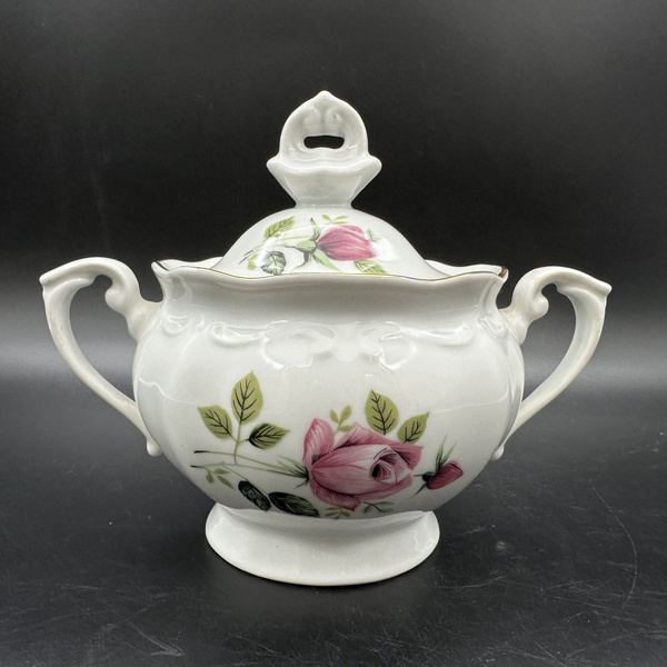 Сахарница винтажная с растительным декором, фарфор, деколь, золочение, Chodziez, Польша, 1964 ...