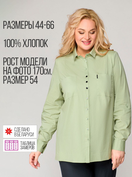 Блузка Женский KOVALEVICH оливковый Хлопок Карманы Длинный Однотонный, размер 48 свободный ...
