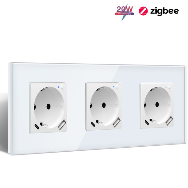 Розетка Умная Zigbee тройная с USB и type-C входами, быстрая зарядка 20W, мониторинг потребления ...