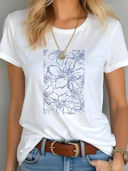 Футболка Женский CHAOPAI белый Средний, размер 48 Хлопок Цветочный свободный Повседневный ...