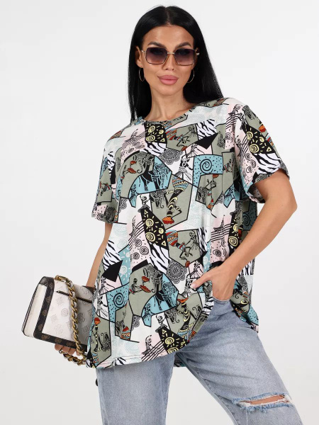 Футболка Женский Seffo зеленый, хаки Короткий, размер 66 Кулирная гладь ...