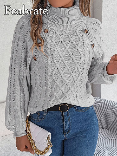 Свитер Женский Feabrate серый Акрил, размер 52, 54 Без застежки Декоративные пуговицы ...