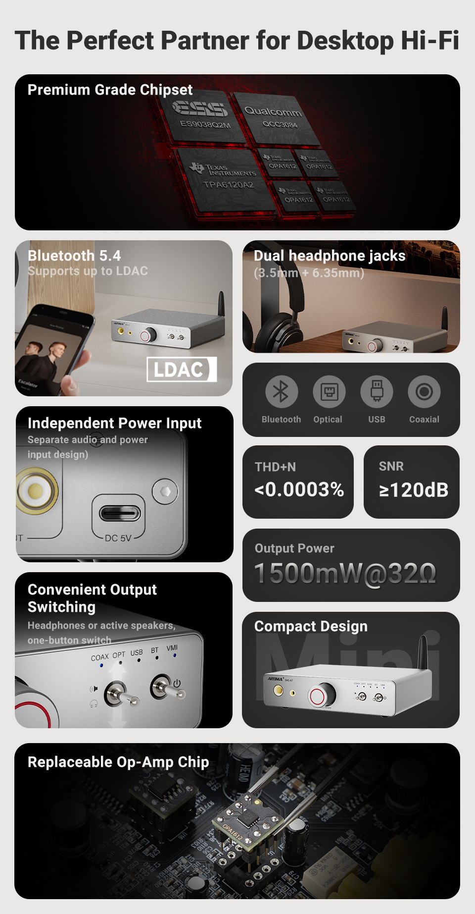ЦАП усилитель для наушников AIYIMA DAC-A7 ES9038Q2M Bluetooth 5.4 LDAC ...