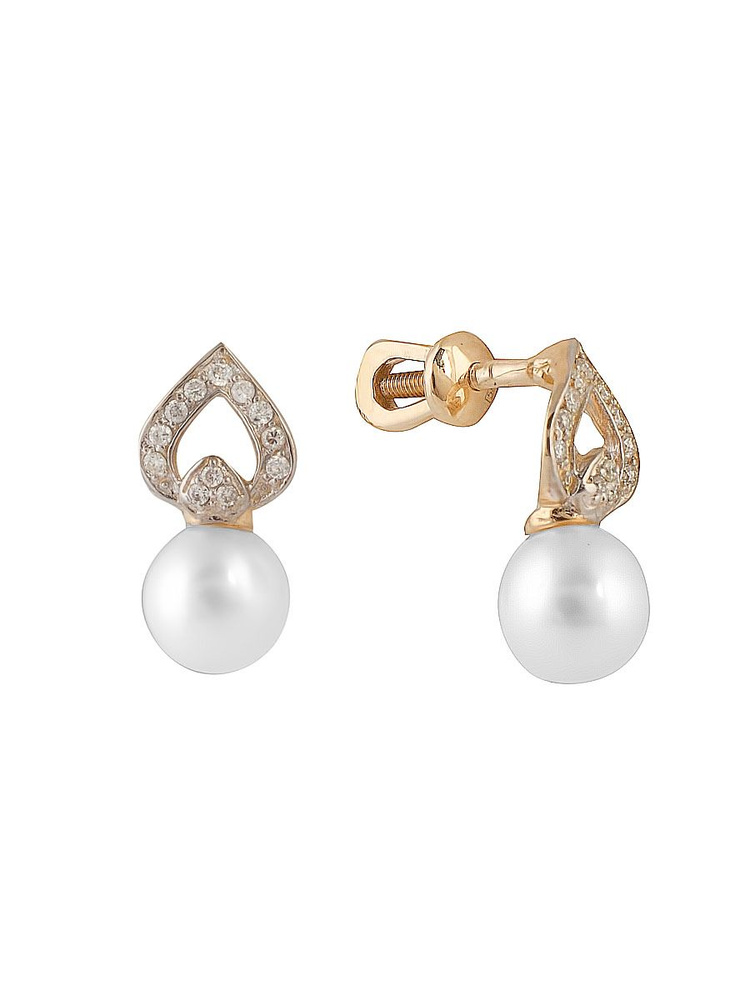 Серьги ООО "ЮЗ "ЗОЛОТОЙ СТАНДАРТ" Пусеты из желтого золота с жемчугом и ...