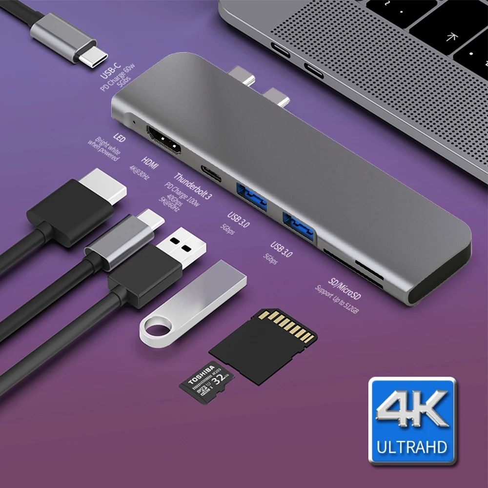 USB-C HUB 7 в 1 для MacBook Air/Pro, HDMI (4K/30hz), Thunderbolt 3 USB-C (5K/60hz) с PD charge ...