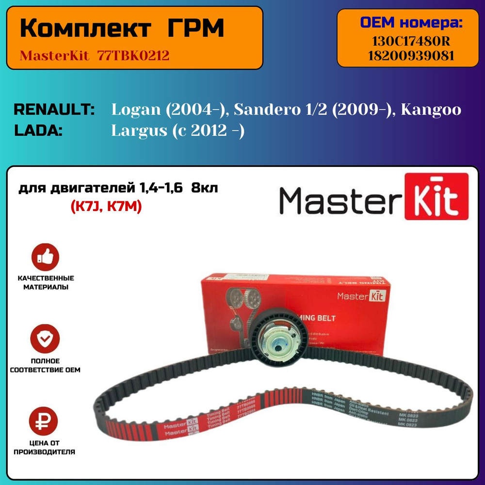 Комплект ГРМ MasterKit для RENAULT LOGAN/SANDERO (Рено Логан, Сандеро ...