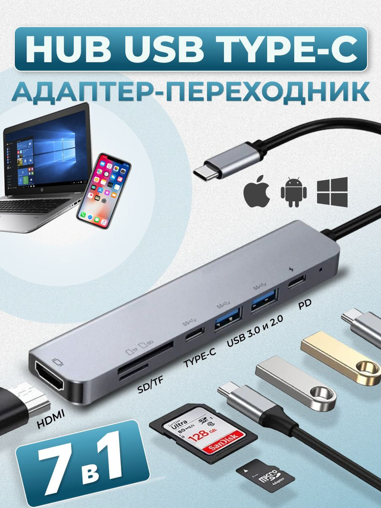 Usb Hub разветвитель 7 в 1 Type C для Macbook Usb Hdmi адаптер 4k