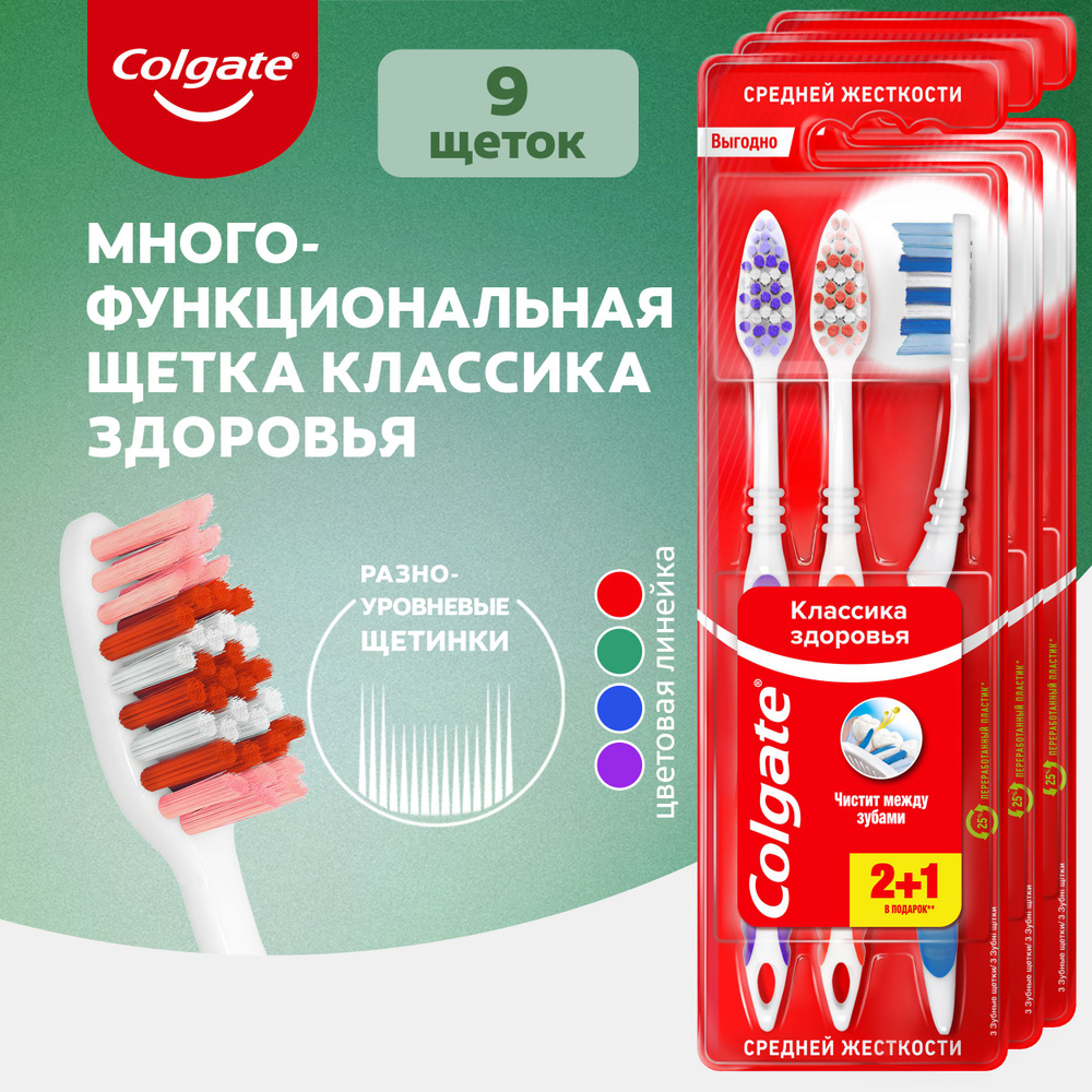 Зубная щетка Colgate Классика Здоровья многофункциональная, средней ...