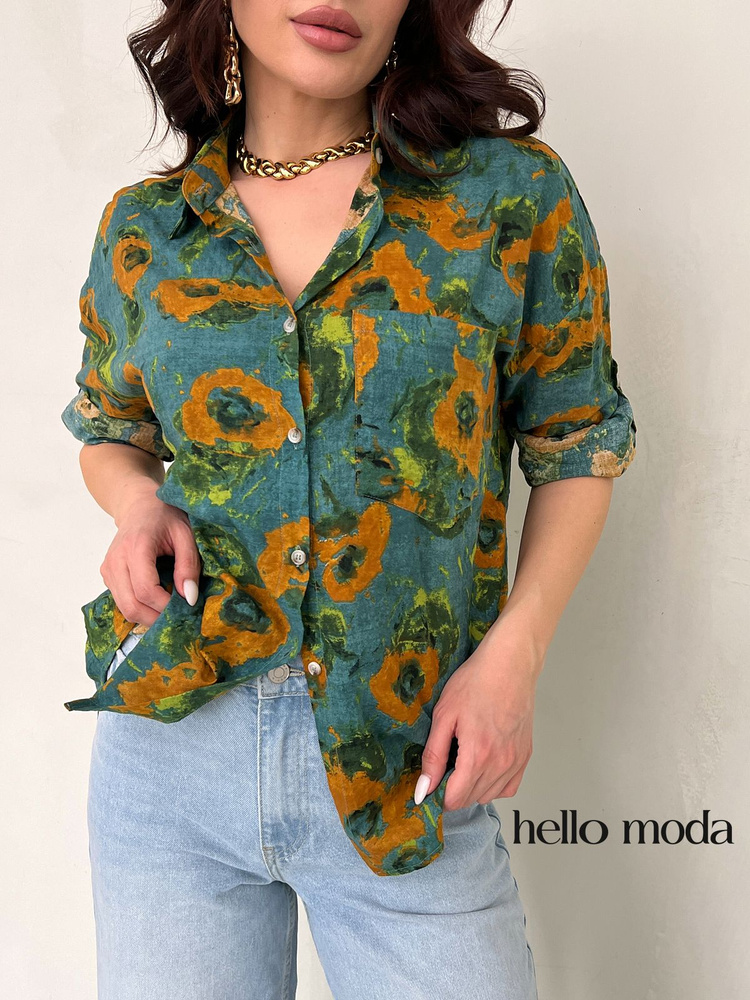 Рубашка Женский HELLO MODA! зеленый, коричневый Длинный Хлопок Абстракция, Разноцветный, размер ...