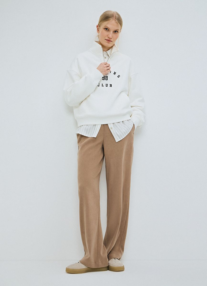 Брюки Женский O'STIN бежевый Текстиль Повседневный, размер 42 Затягивающийся шнурок свободный На ...