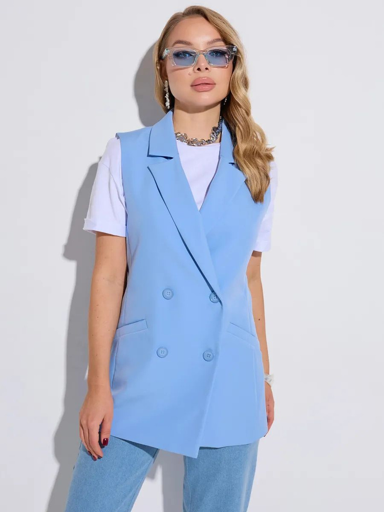 Жилет Женский MILANIA STYLE голубой Полиэстер, размер 42 Карманы приталенный костюмный Пуговицы ...